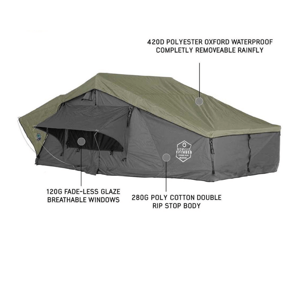 HD Nomadic 2 Extended Soft Shell Roof Top Tent, Grey Body & Green Rain